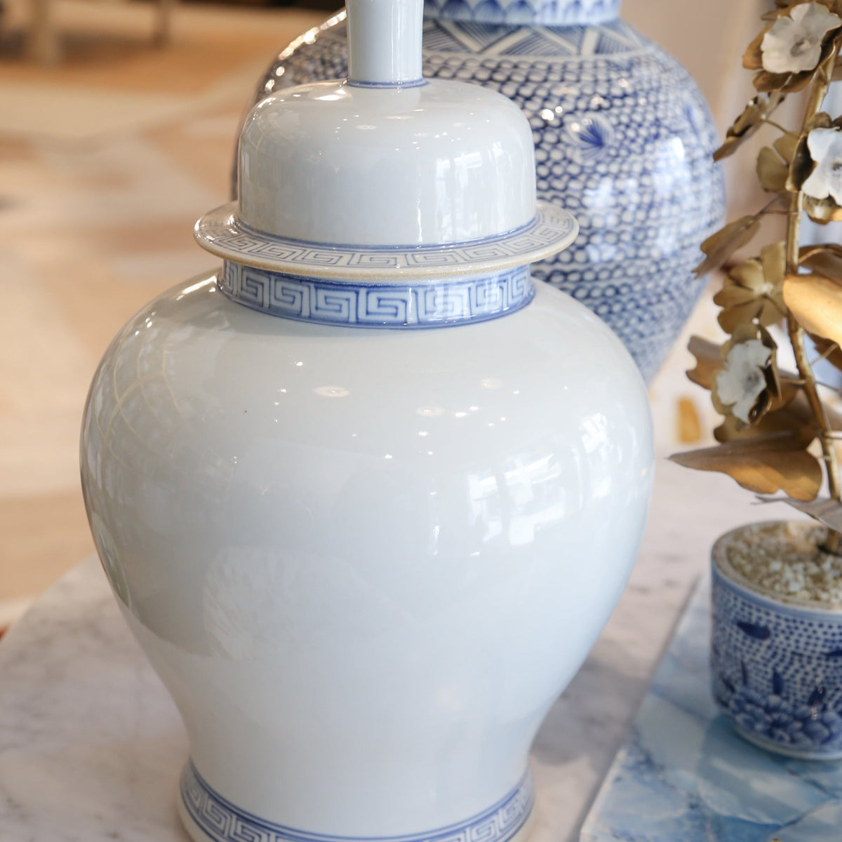 Blue and White Porcelain Greek Key Jar – EK Home